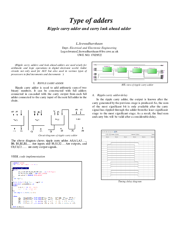 (PDF) Type of adders Ripple carry adder and carry look ahead adder | Jeewan . dk - Academia.edu