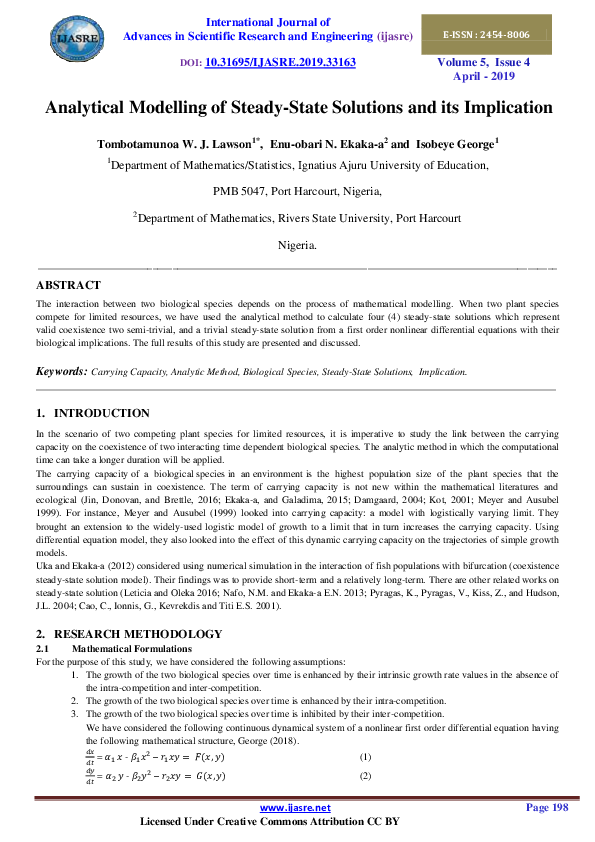 Pdf Analytical Modelling Of Steady State Solutions And Its Implication