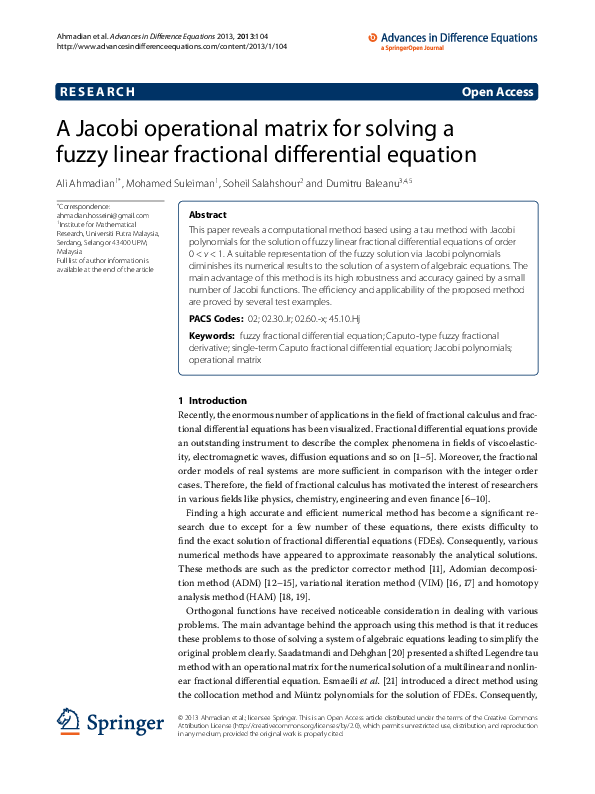 (PDF) A Jacobi operational matrix for solving a fuzzy linear fractional differential equation
