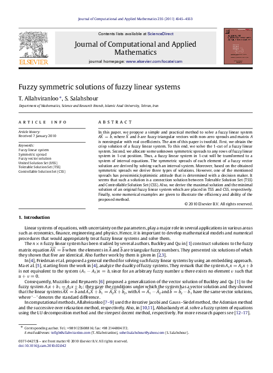 Pdf Fuzzy Symmetric Solutions Of Fuzzy Linear Systems