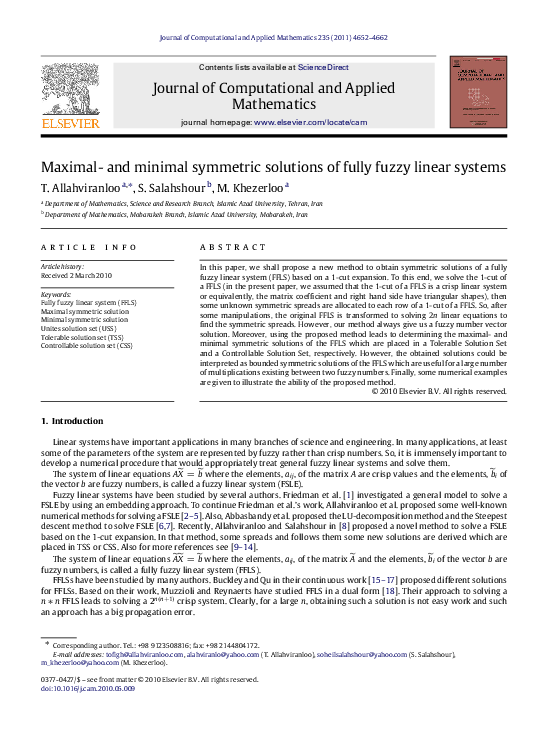 (PDF) Maximal- and minimal symmetric solutions of fully fuzzy linear systems