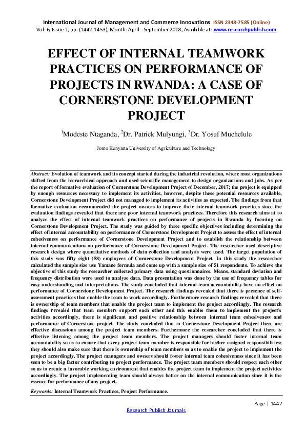 (PDF) EFFECT OF INTERNAL TEAMWORK PRACTICES ON PERFORMANCE OF PROJECTS IN RWANDA: A CASE OF ...