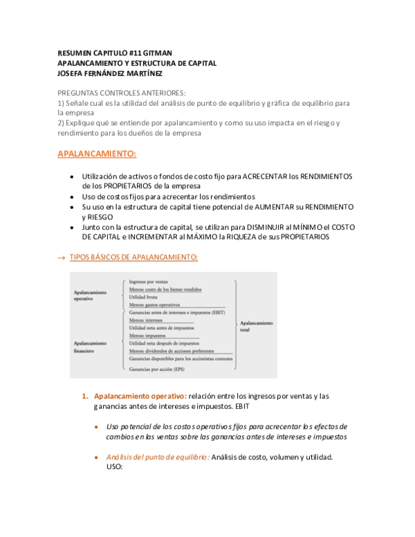(PDF) Apalancamiento y Estructura de Capital. Resumen capítulo 11 Gitman.