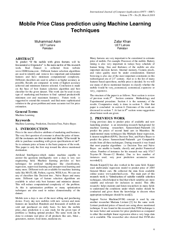 Pdf Mobile Price Class Prediction Using Machine Learning Techniques