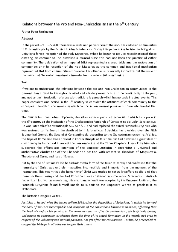 (PDF) Relations between the Pro and Non-Chalcedonians in the 6 th Century