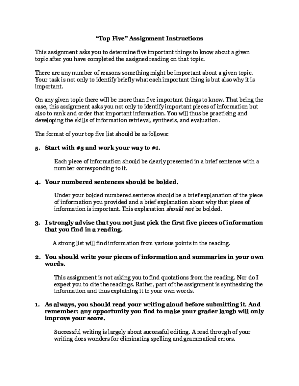 (PDF) "Top Five" Assignment Instructions