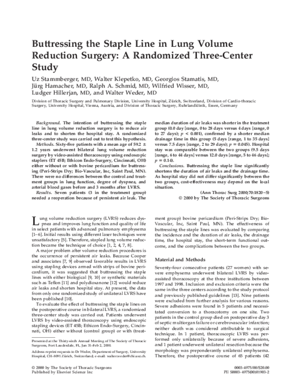 (PDF) Buttressing the staple line in lung volume reduction surgery: a ...