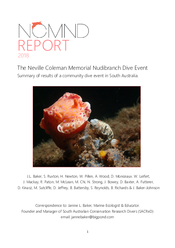 (PDF) Report on the Neville Coleman Memorial Nudibranch Dive Event 2018
