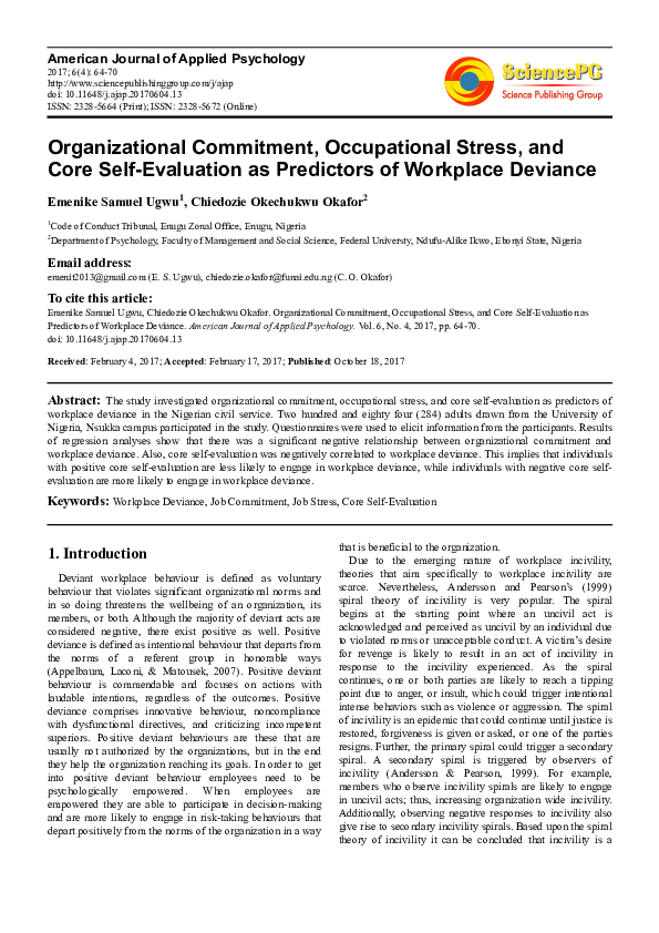 (PDF) Organizational Commitment, Occupational Stress, and Core Self-Evaluation as Predictors of ...