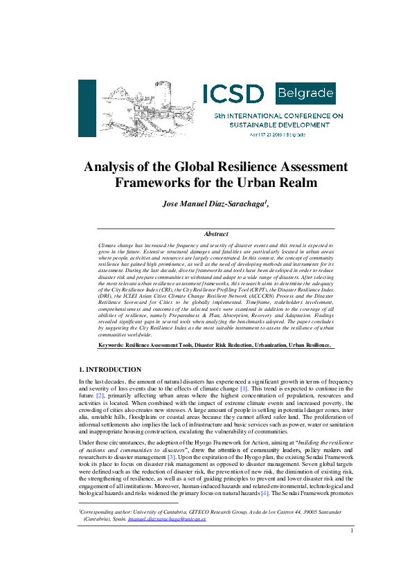 (PDF) Analysis of the Global Resilience Assessment Frameworks for the ...