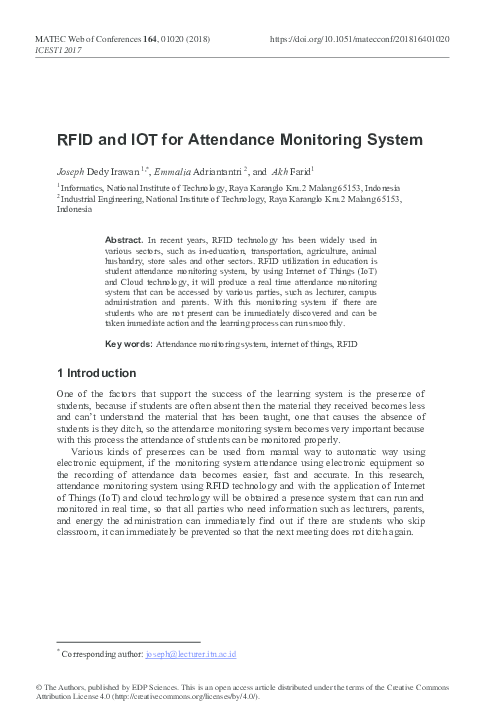 Pdf Rfid And Iot For Attendance Monitoring System Ratam Ghaith