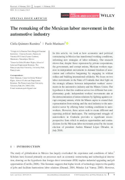 (PDF) The remaking of the Mexican labor movement in the automotive industry