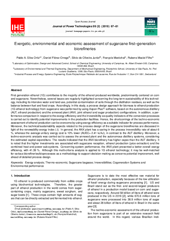 (PDF) Exergetic, environmental and economic assessment of sugarcane first-generation biorefineries