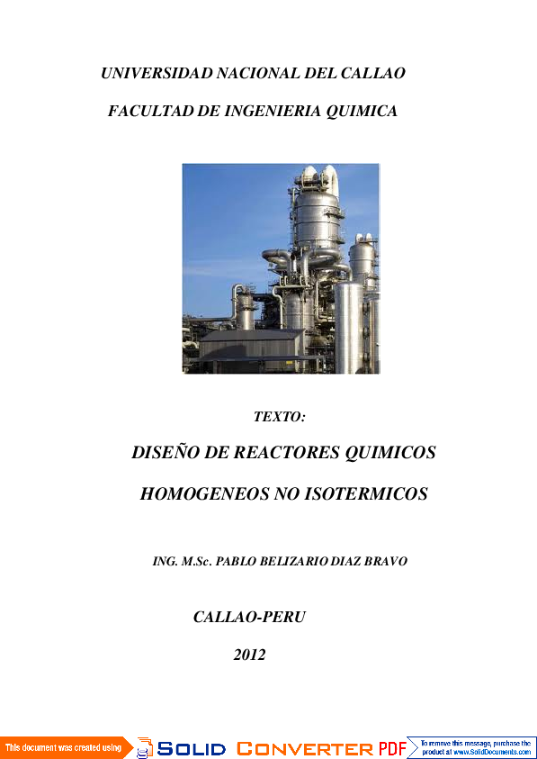 (PDF) UNIVERSIDAD NACIONAL DEL CALLAO FACULTAD DE INGENIERIA QUIMICA TEXTO: DISEÑO DE REACTORES ...