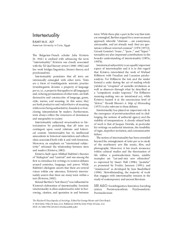 (PDF) Aly, R (2018) Intertextuality, The Blackwell Encyclopedia of ...