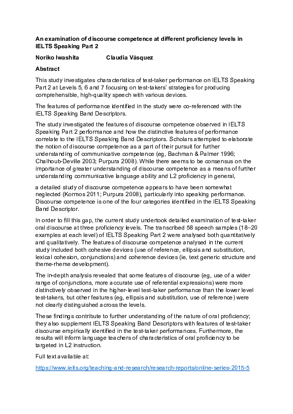 (PDF) An examination of discourse competence at different proficiency levels in IELTS Speaking ...