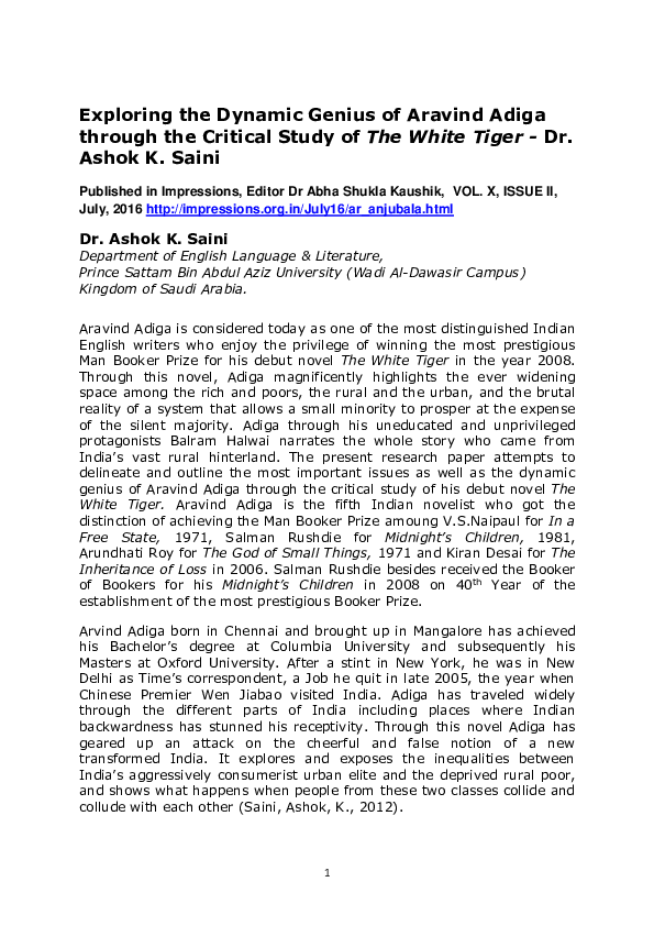 (PDF) Exploring the Dynamic Genius of Aravind Adiga through the ...