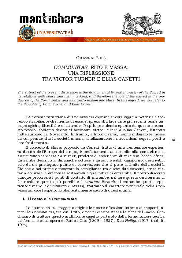(PDF) Communitas, rito e massa: una riflessione tra Victor Turner e ...