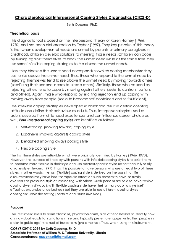 (PDF) Characterological Interpersonal Coping Styles Diagnostics (CICS-D)