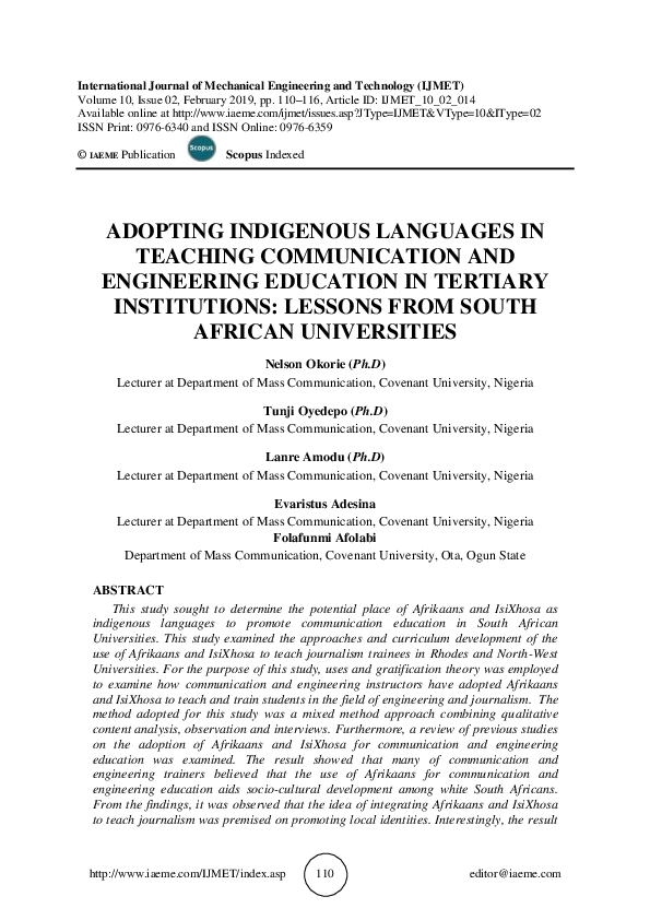 (PDF) ADOPTING INDIGENOUS LANGUAGES IN TEACHING COMMUNICATION AND ...