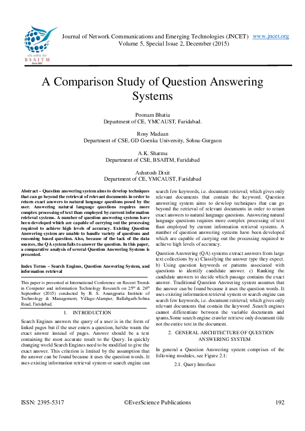 (PDF) A Comparison Study of Question Answering Systems