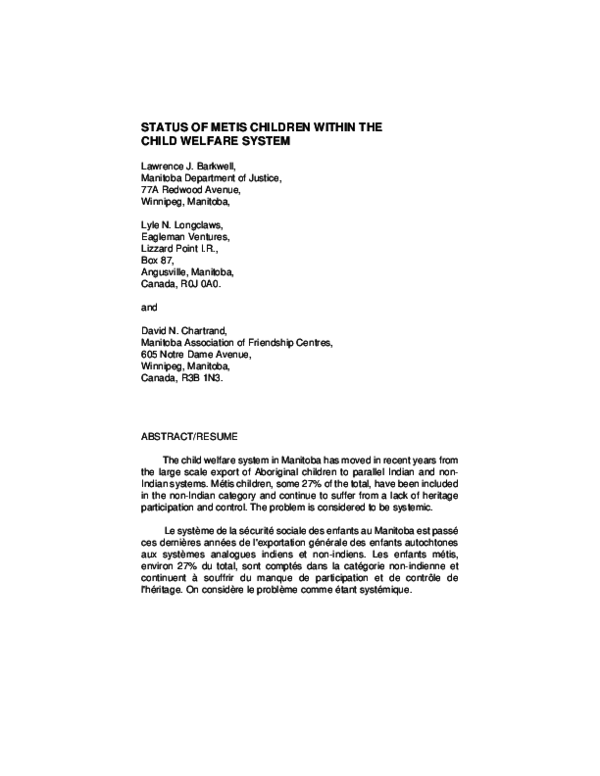 (PDF) STATUS OF METIS CHILDREN WITHIN THE CHILD WELFARE SYSTEM