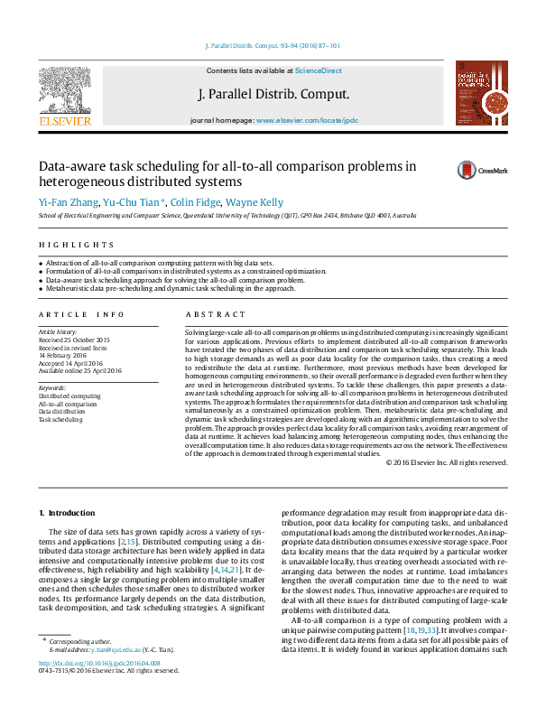 Pdf Data Aware Task Scheduling For All To All Comparison Problems In Heterogeneous Distributed