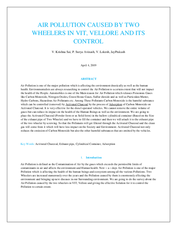 (PDF) AIR POLLUTION CAUSED BY TWO WHEELERS IN VIT, VELLORE AND ITS CONTROL