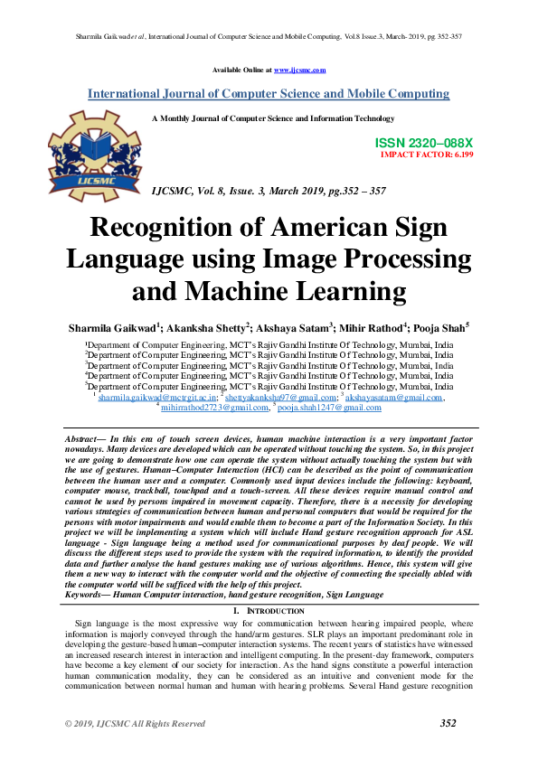 (PDF) Recognition of American Sign Language using Image Processing and ...