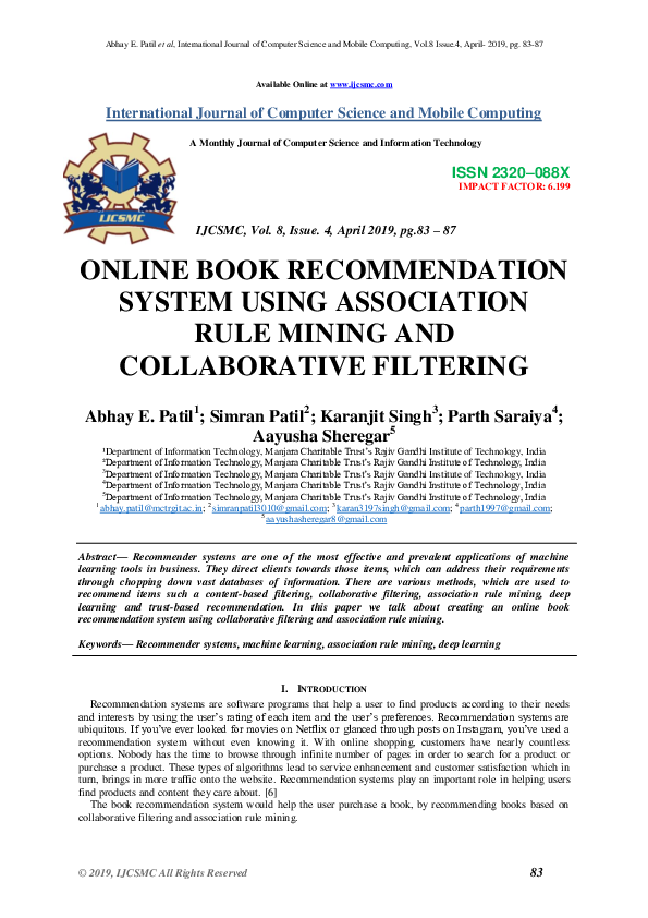 (PDF) ONLINE BOOK RECOMMENDATION SYSTEM USING ASSOCIATION RULE MINING ...