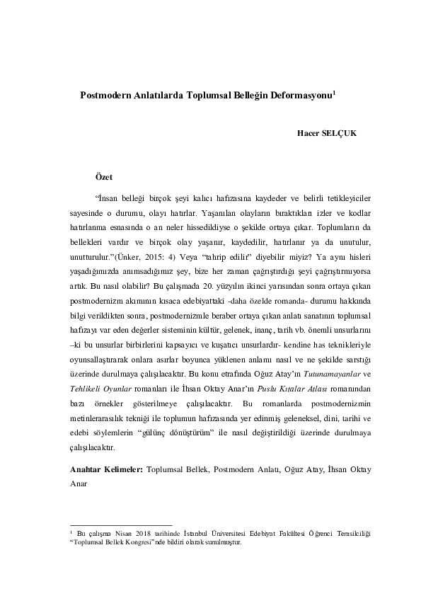 (DOC) Postmodern Anlatılarda Toplumsal Belleğin Dönüştürümü