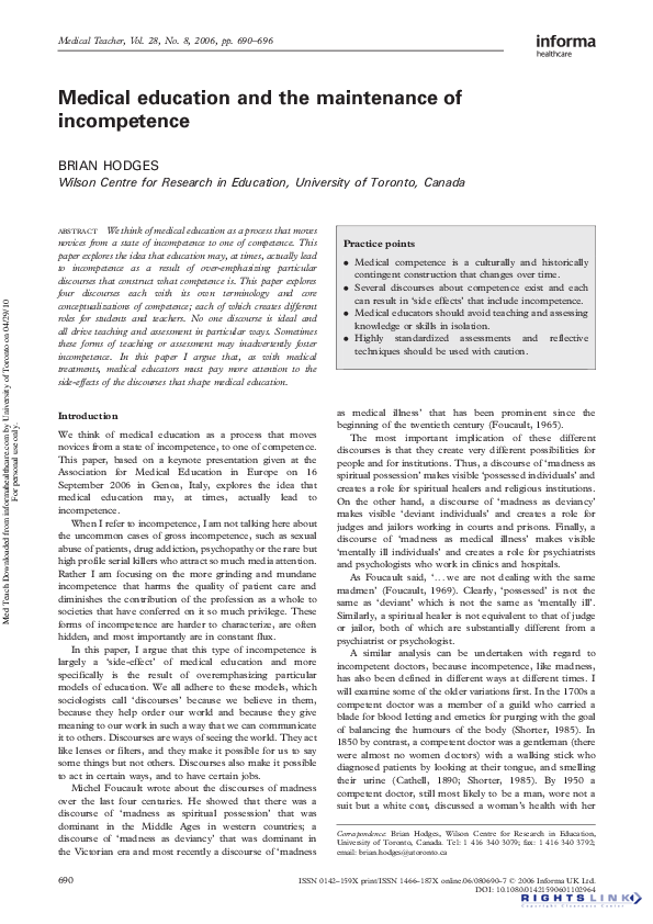 (PDF) Medical education and the maintenance of incompetence