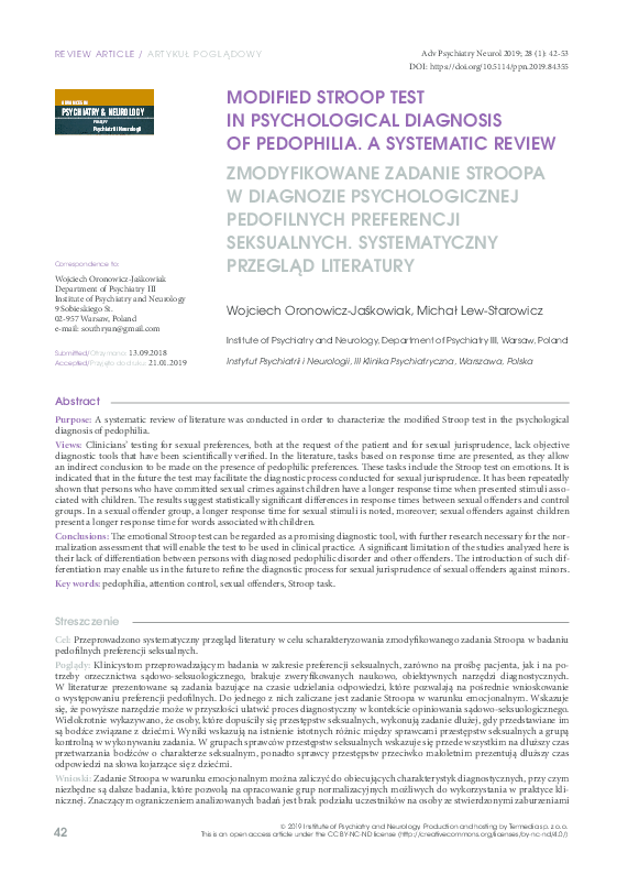 (PDF) Modified Stroop test in psychological diagnosis of pedophilia. A ...