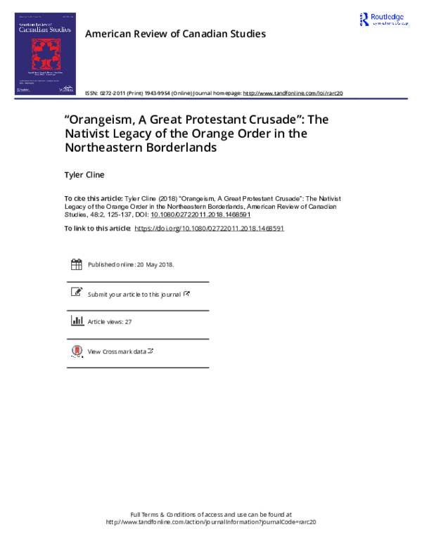 (PDF) "Orangeism, A Great Protestant Crusade": The Nativist Legacy of ...