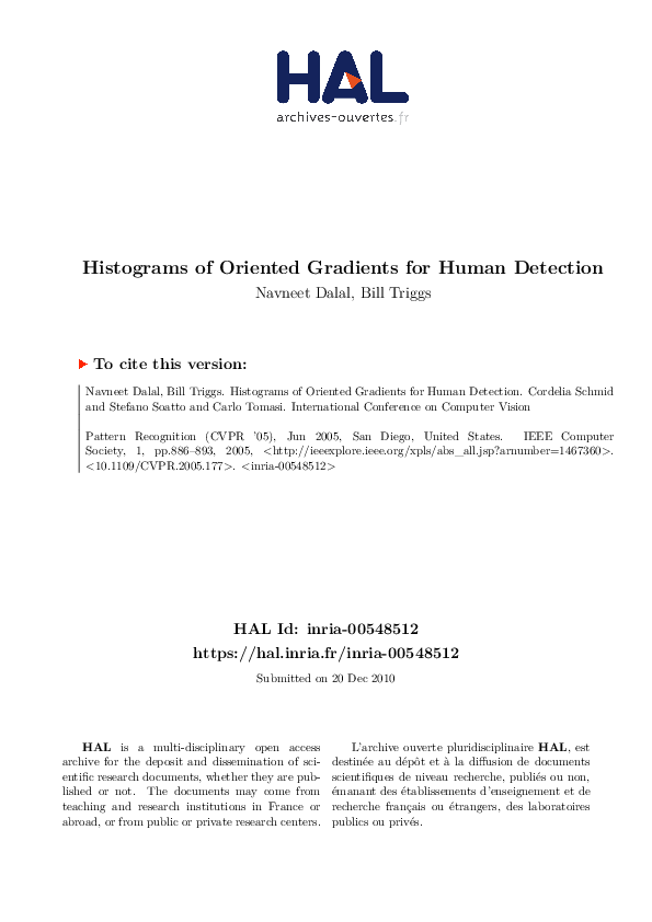 Pdf Histograms Of Oriented Gradients For Human Detection Histograms Of Oriented Gradients For 