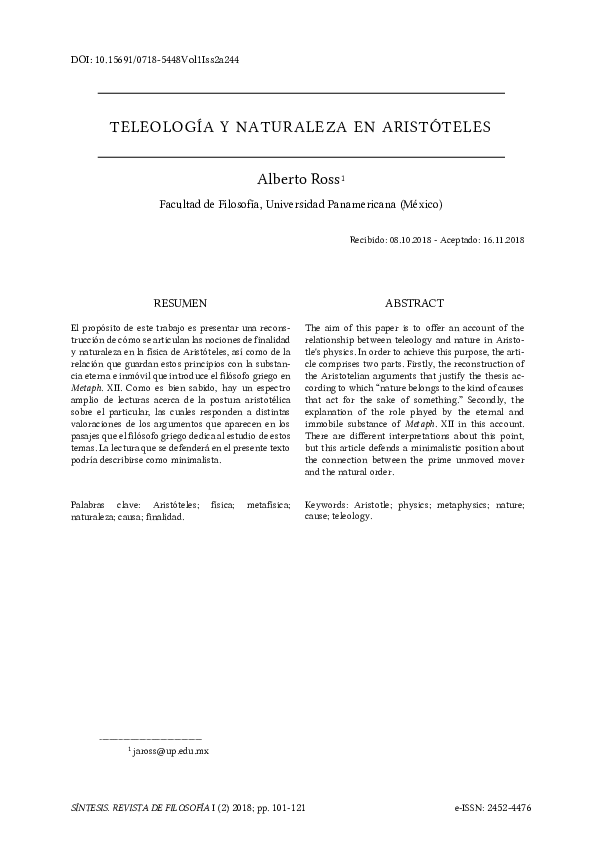 (PDF) Teleología y naturaleza en Aristóteles