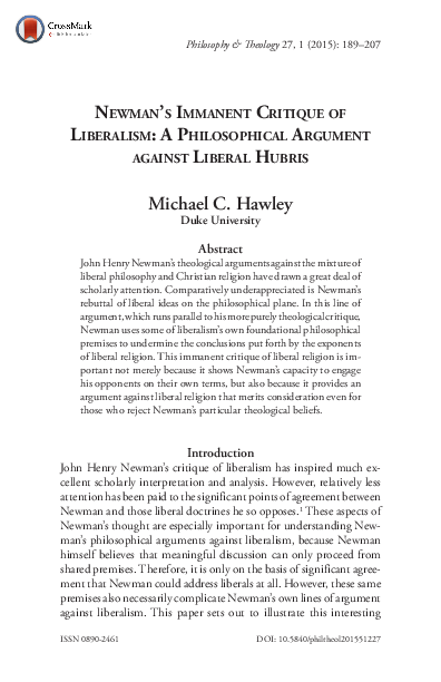 (PDF) "Newman's Immanent Critique of Liberalism: a philosophical ...