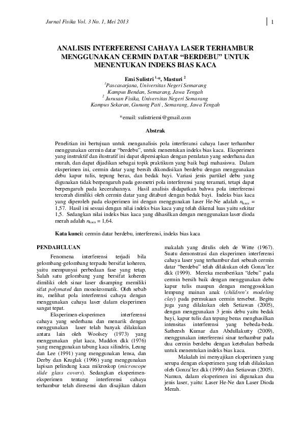 (PDF) ANALISIS INTERFERENSI CAHAYA LASER TERHAMBUR MENGGUNAKAN CERMIN ...