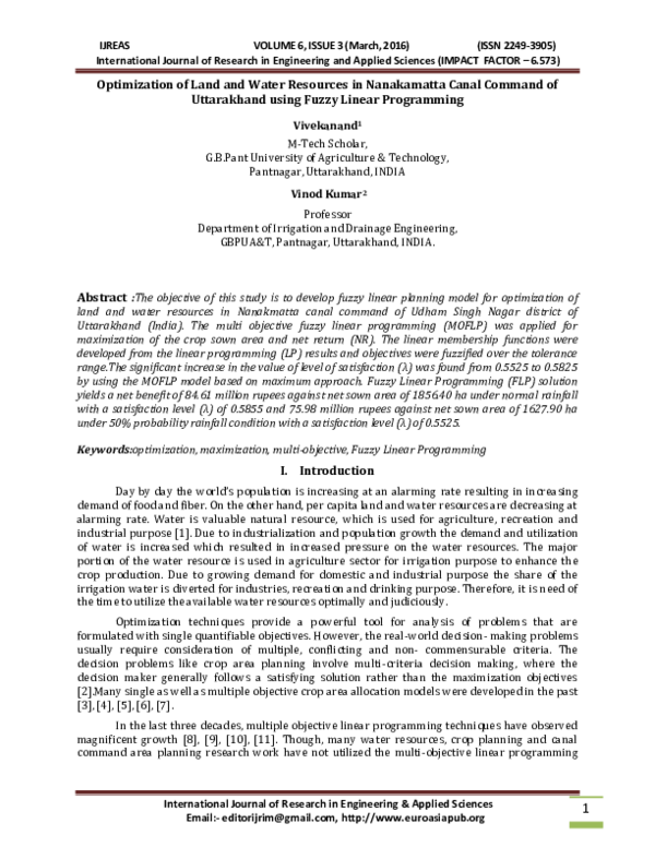 (PDF) Optimization of Land and Water Resources in Nanakamatta Canal Command of Uttarakhand using ...