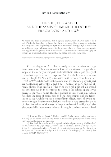 (PDF) The Ship, the Watch, and the Symposium: Archilochus’ Fragments 2 ...