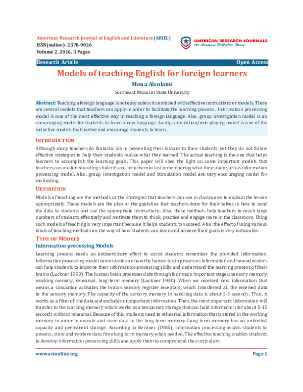 (PDF) Introduction Models of teaching English for foreign learners