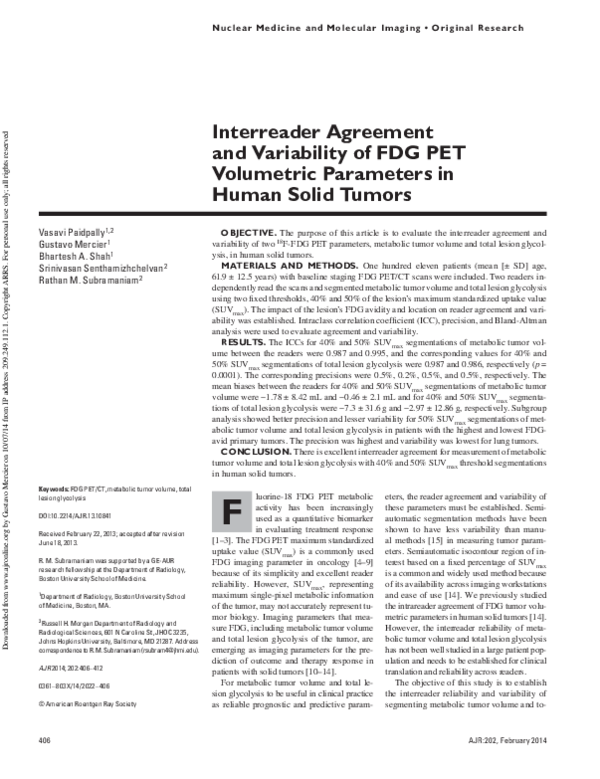 (PDF) Interreader Agreement and Variability of FDG PET Volumetric ...