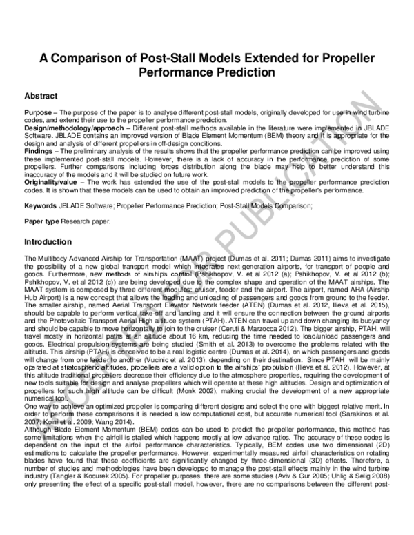 Pdf A Comparison Of Post Stall Models Extended For Propeller Performance Prediction