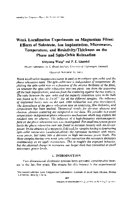(PDF) Weak localization experiments on magnesium films: effects of ...