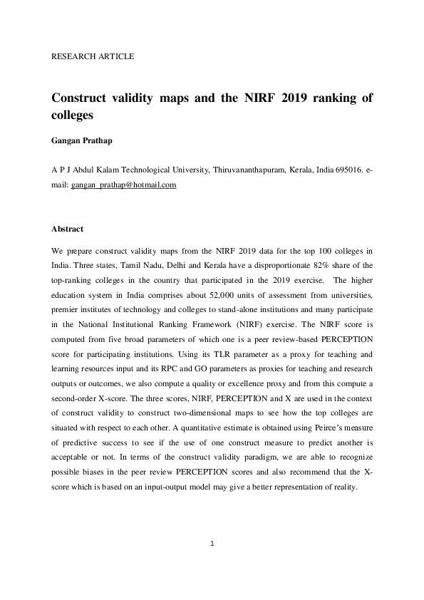 (PDF) Construct validity maps and the NIRF 2019 ranking of colleges