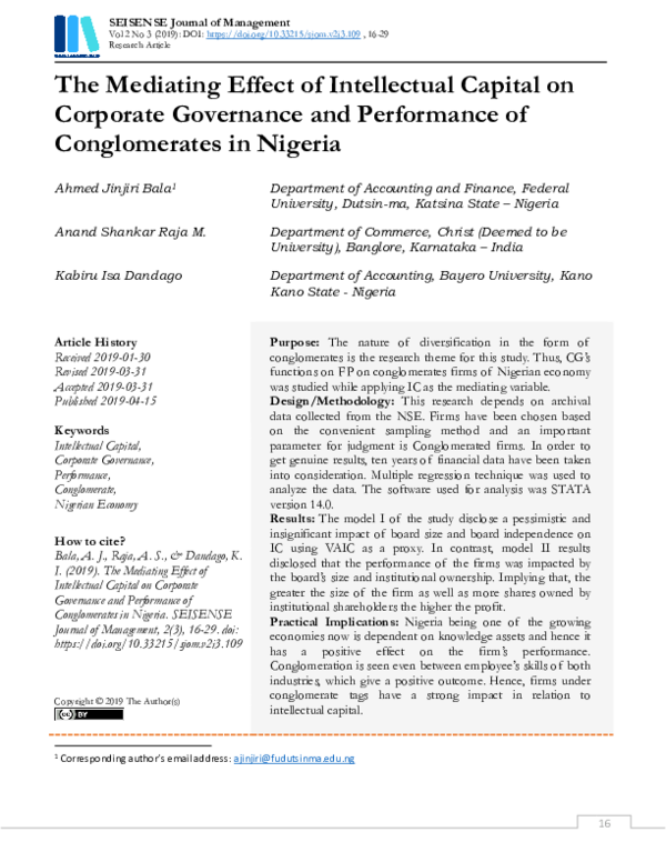(PDF) The Mediating Effect of Intellectual Capital on Corporate Governance and Performance of ...