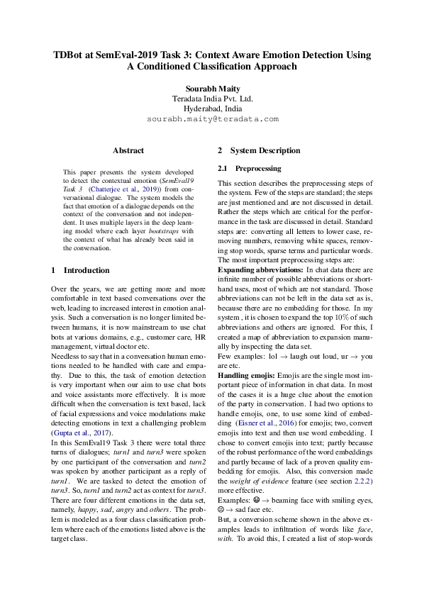 (PDF) TDBot at SemEval-2019 Task 3: Context Aware Emotion Detection Using A Conditioned ...