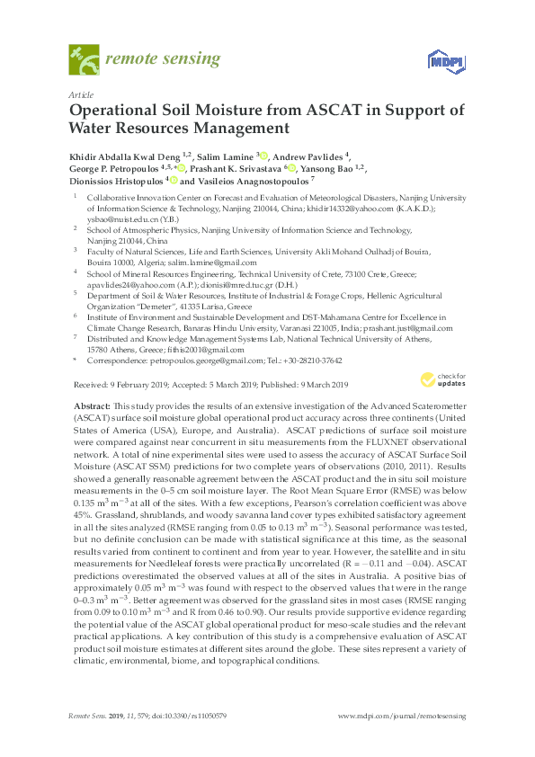 (PDF) remote sensing Operational Soil Moisture from ASCAT in Support of ...