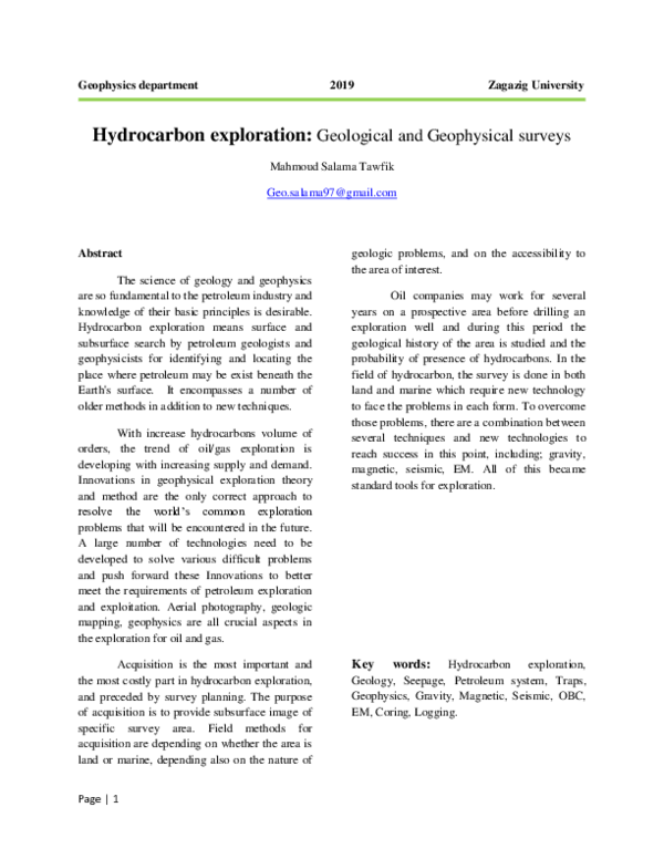 (PDF) Hydrocarbon exploration: Geological and Geophysical surveys