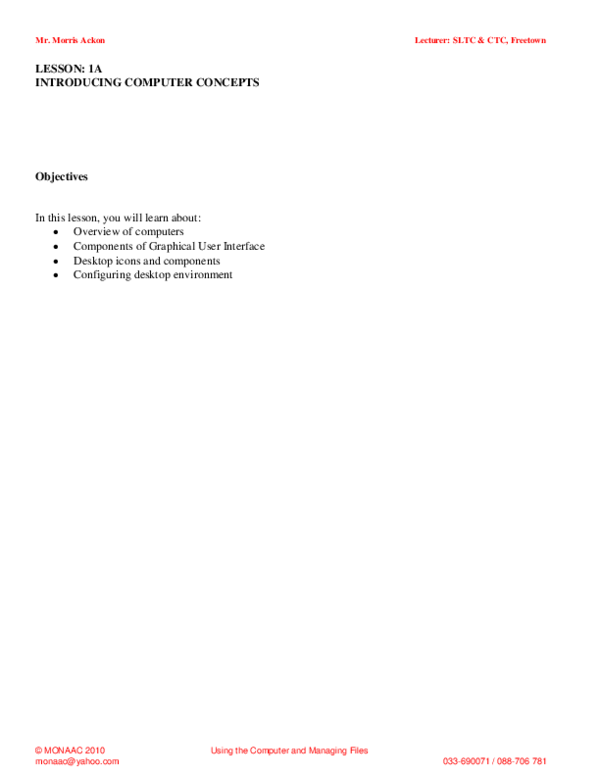 (PDF) LESSON: 1A INTRODUCING COMPUTER CONCEPTS Objectives